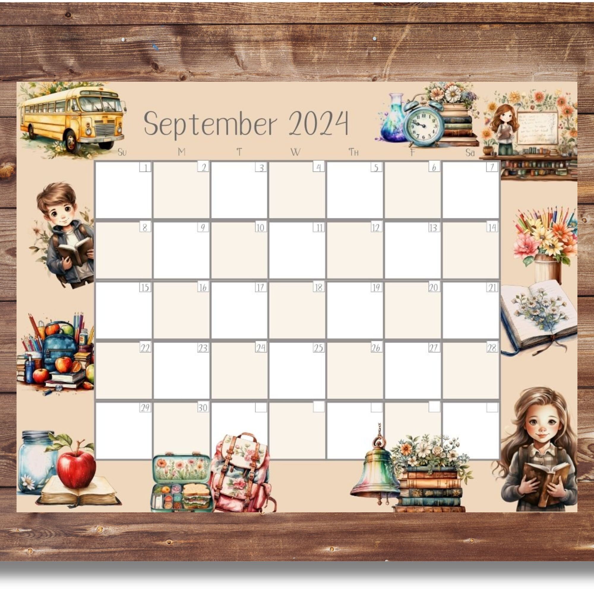 EDITABLE September 2024 Calendar, Back to School, Watercolor Calendar ...