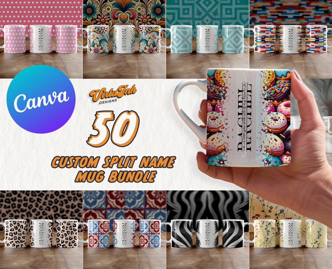 50 Editable Name Split Mug Bundle, Editable Canva Template, 20oz ...