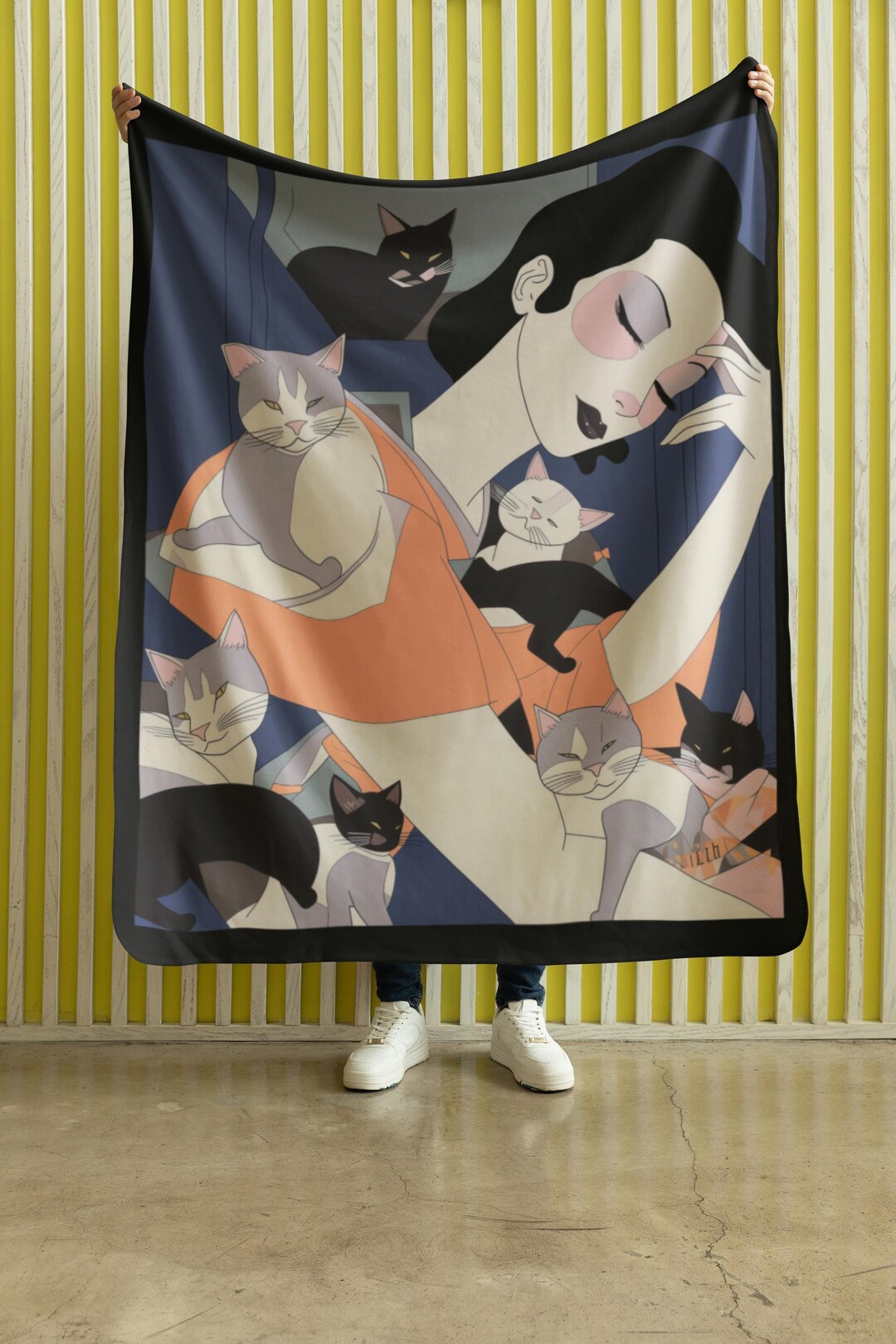 Cozy Cat Nap Patrick Nagel Style Plush Blanket | Retro Art Throw ...