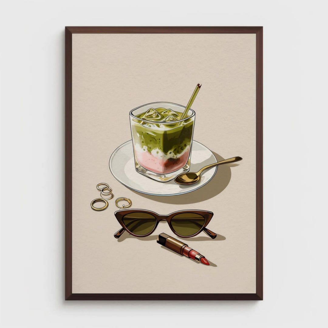 Strawberry Matcha Latte Wall Art Print Minimal Cafe Decor Trendy Girly ...