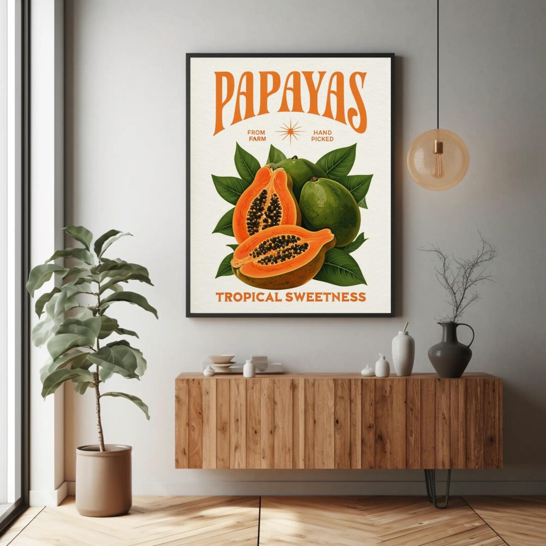 Retro Tropical Fruits Printable Art Papaya Fruit Summer Wall Decor ...