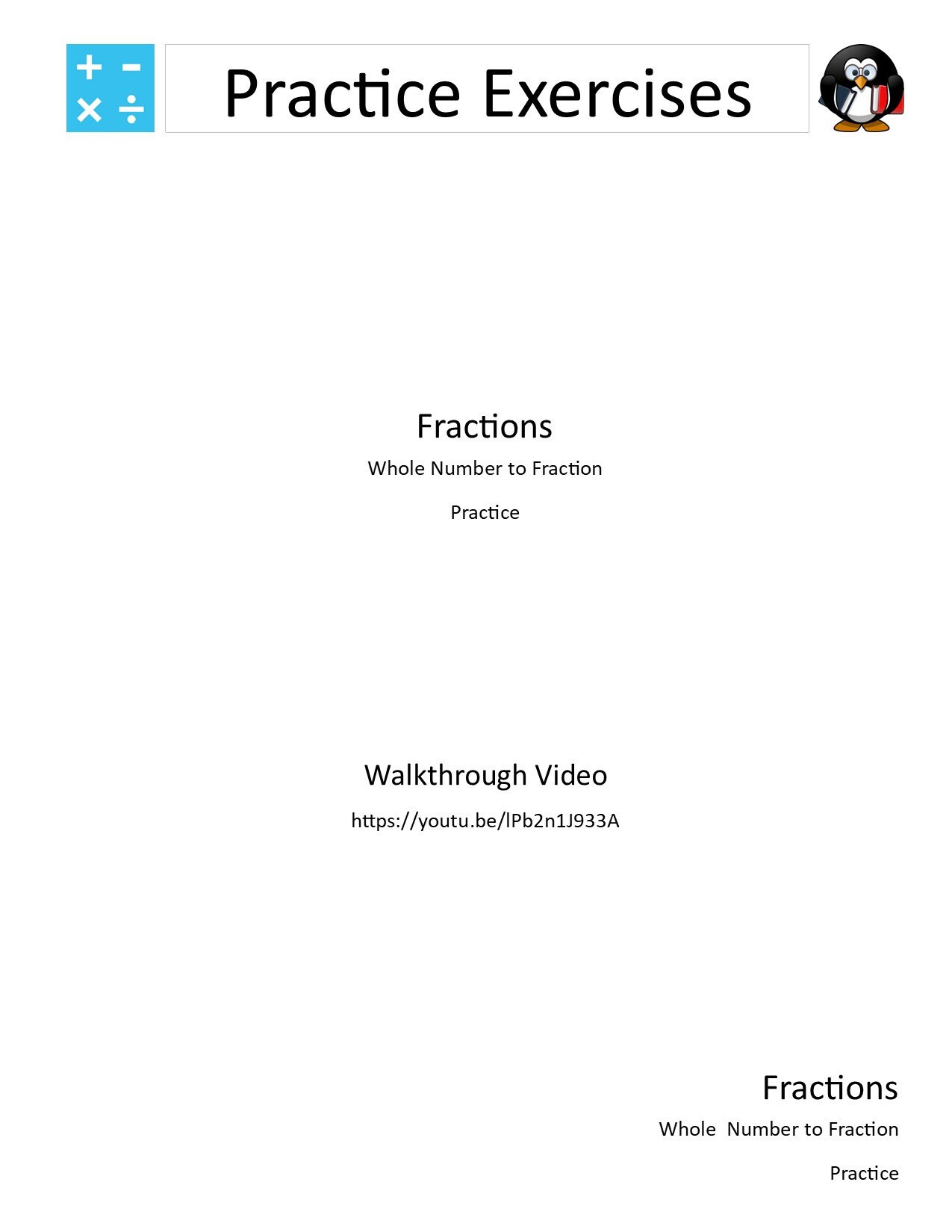 Fraction Worksheets With Video Walkthrough - Convert a Whole Number to ...