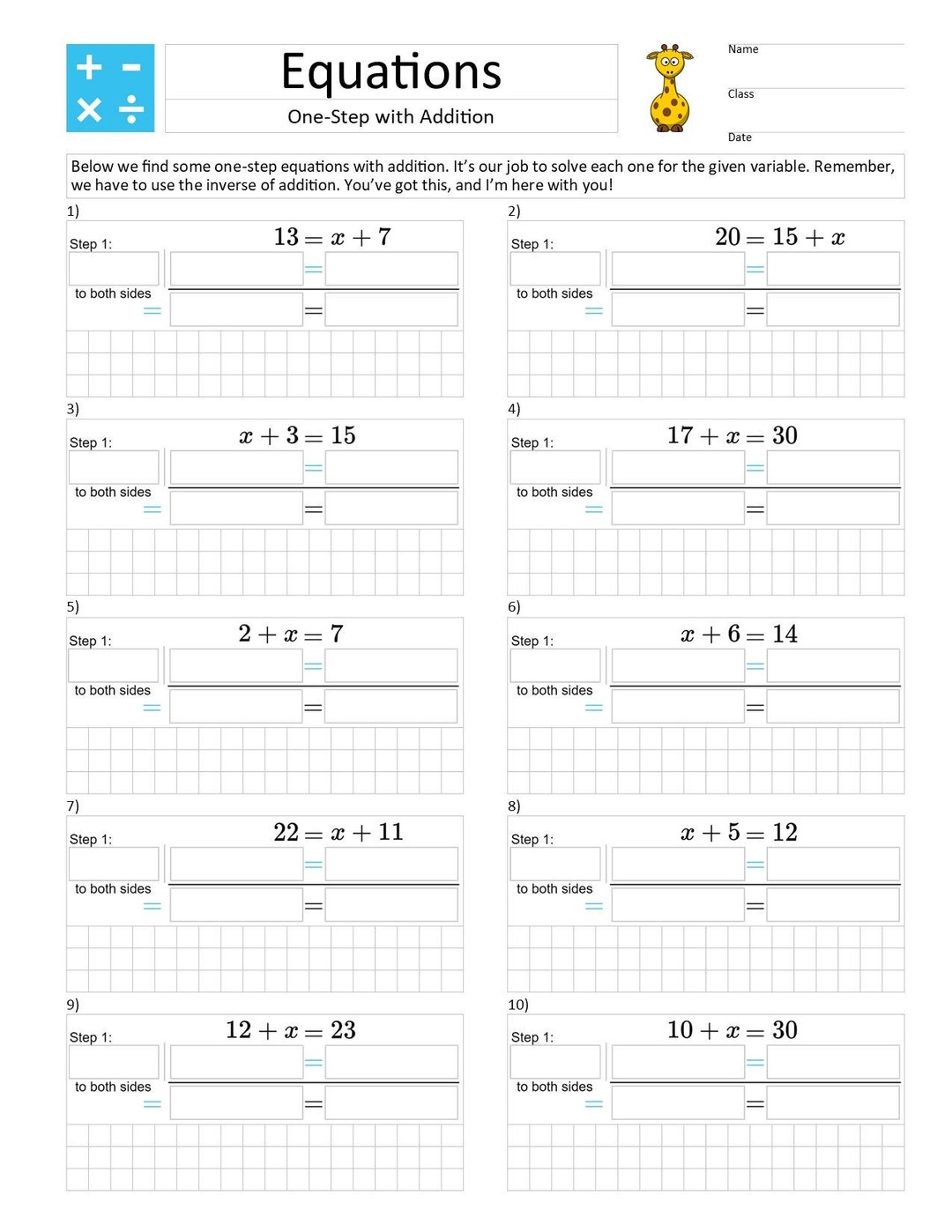 Algebra Worksheets With Video Walkthrough – One-step Equations With ...