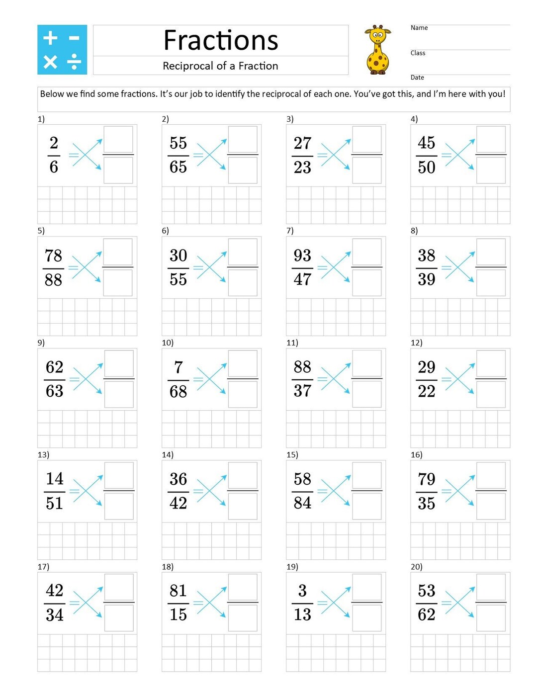 Fraction Worksheets With Video Walkthrough – Reciprocal of a Fraction ...