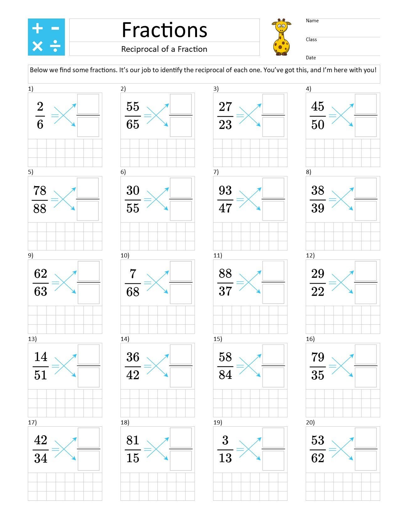 Fraction Worksheets With Video Walkthrough – Reciprocal of a Fraction ...