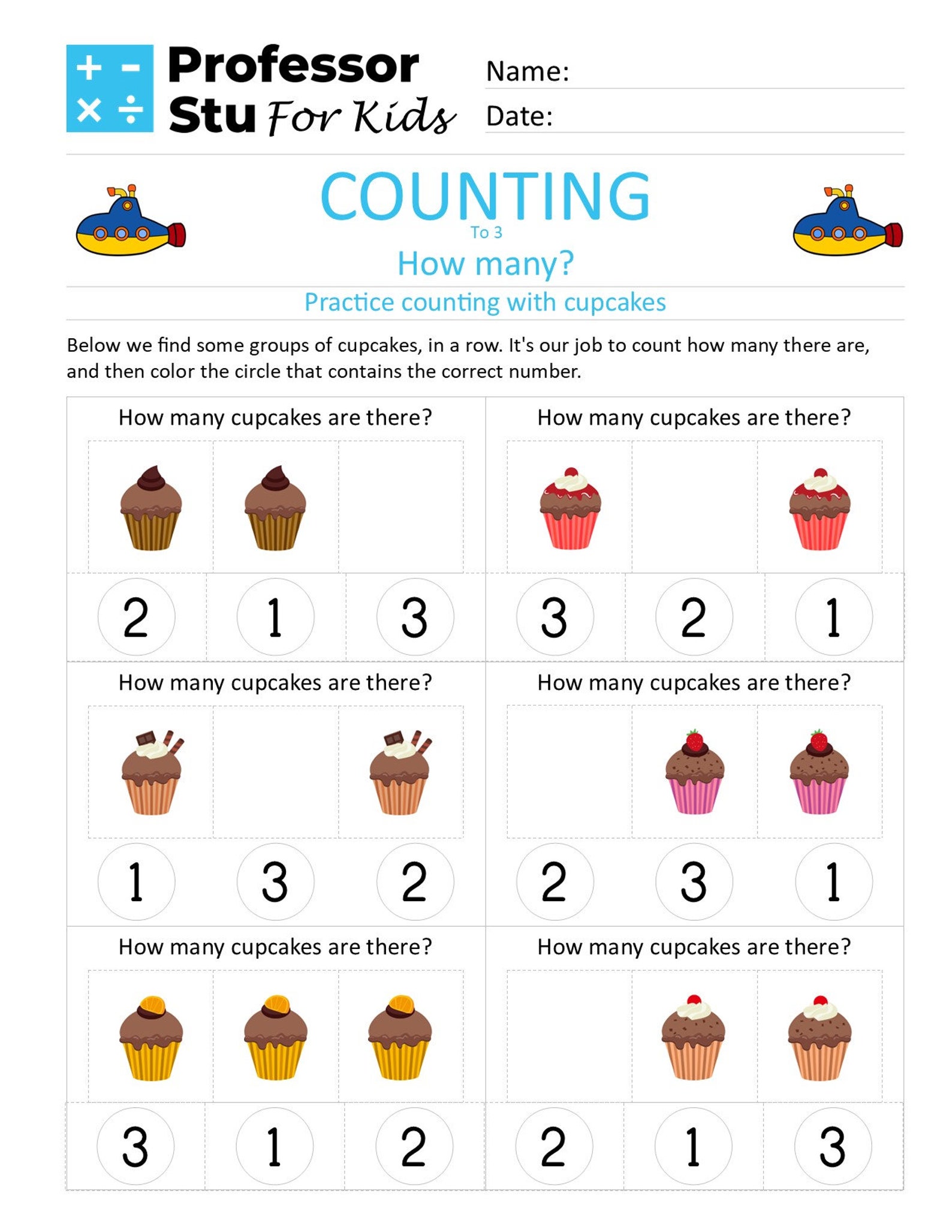 Counting Worksheet for Kindergarten - Counting to 3 - (set 4 ...