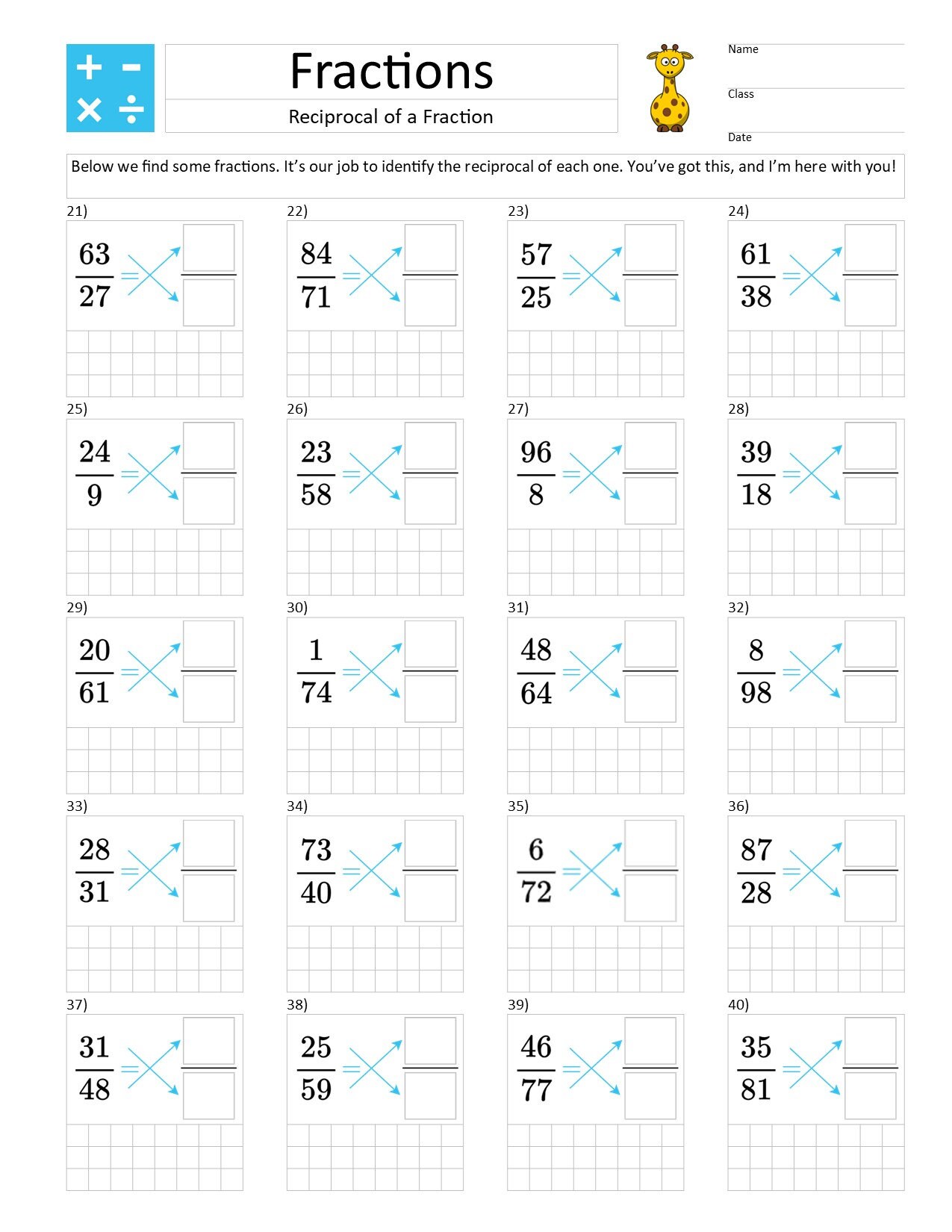 Fraction Worksheets With Video Walkthrough – Reciprocal of a Fraction ...