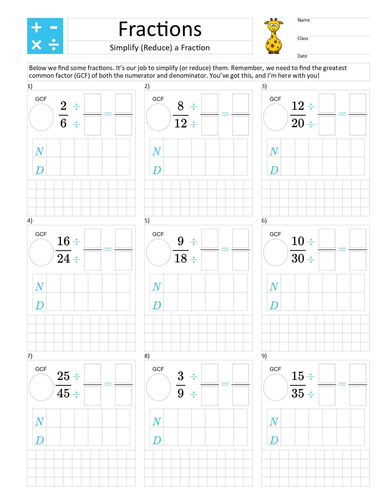 Fraction Worksheets With Video Walkthrough Simplify reduce a Fraction ...