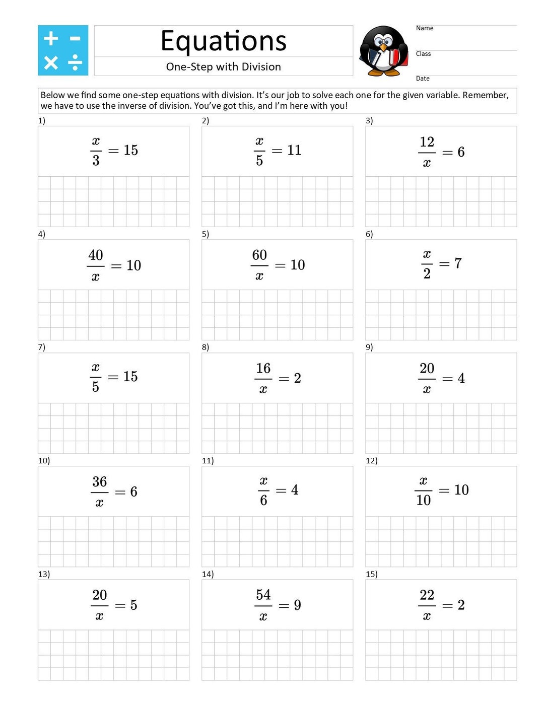 Algebra Worksheets With Video Walkthrough – One-step Equations With ...