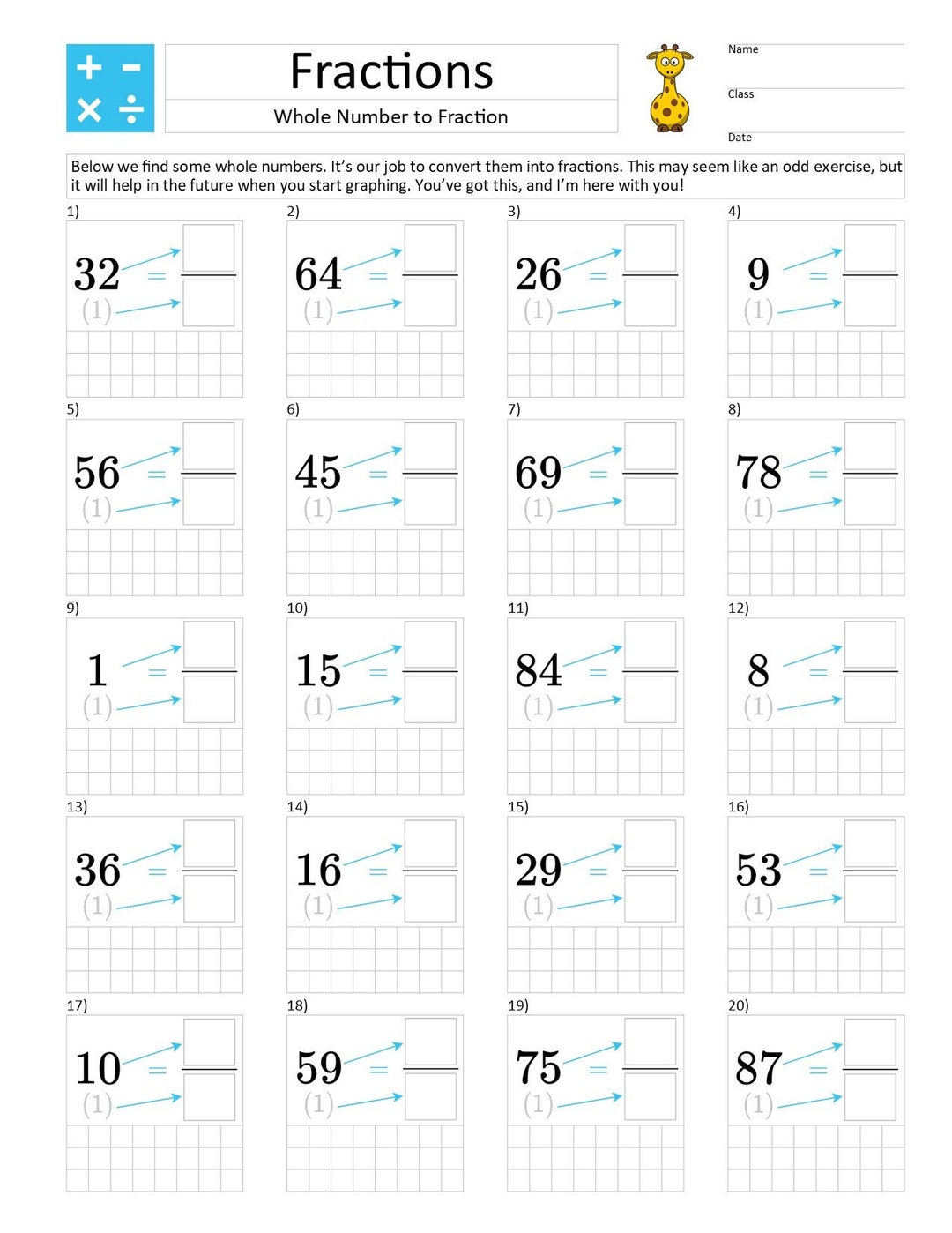 Fraction Worksheets With Video Walkthrough Convert a Whole Number to a ...