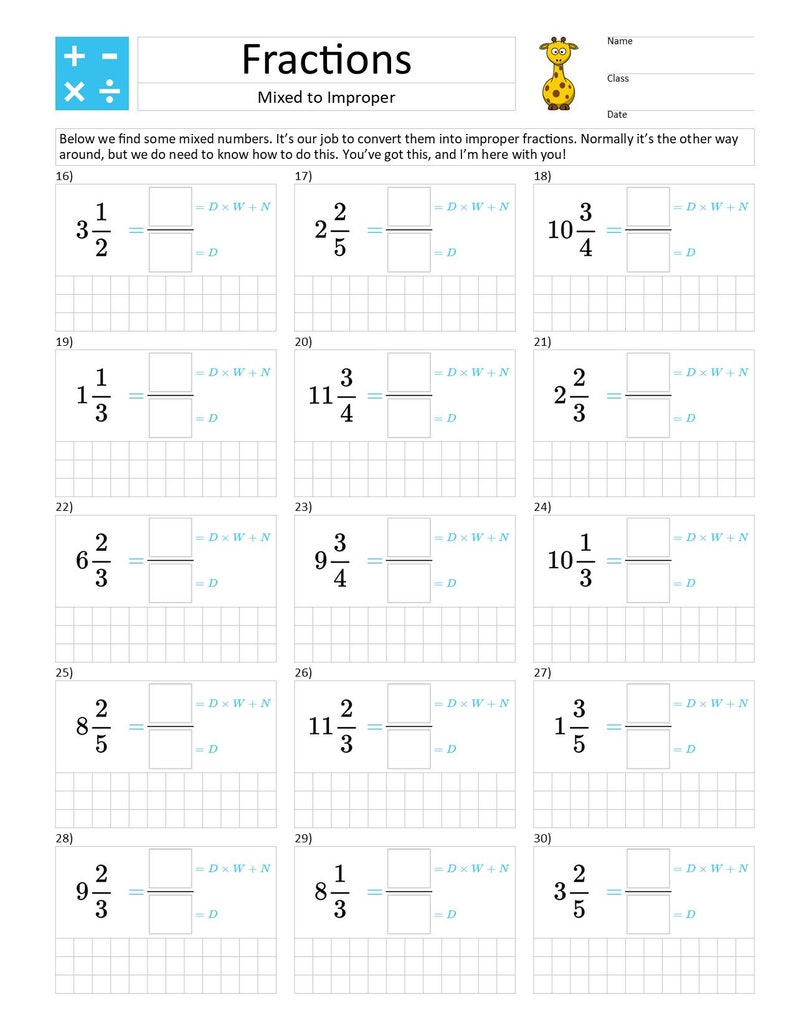 Fraction Worksheets With Video Walkthrough - Convert a Mixed Number to ...