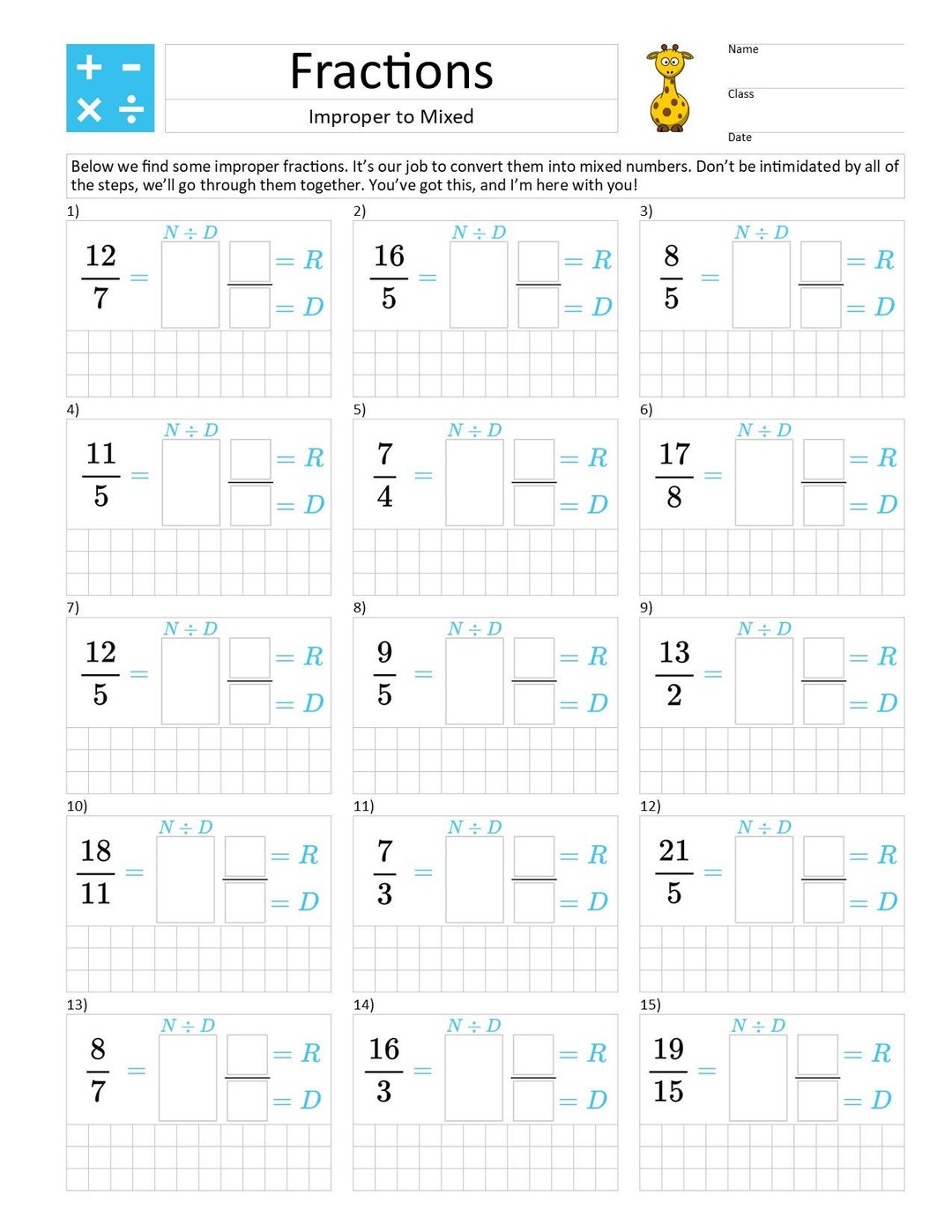 Fraction Worksheets With Video Walkthrough Convert an Improper Fraction ...