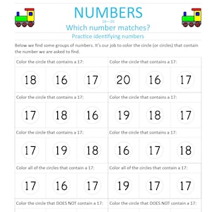 Numbers Worksheet for Pre-kindergarten - Identifying Numbers 16 - 20 ...