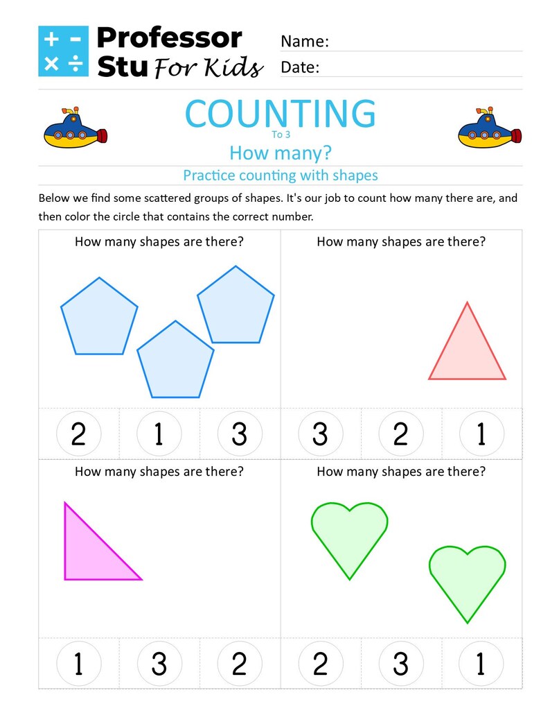 Counting Worksheet for Kindergarten - Counting to 3 - (set 4 ...