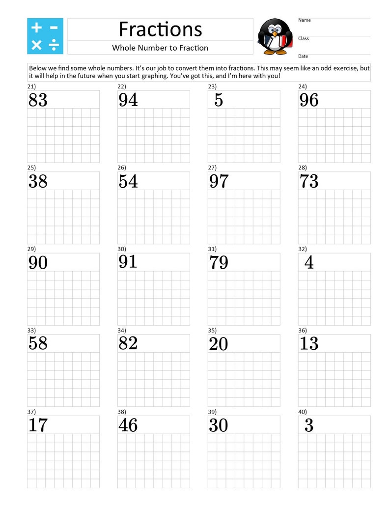 Fraction Worksheets With Video Walkthrough - Convert a Whole Number to ...