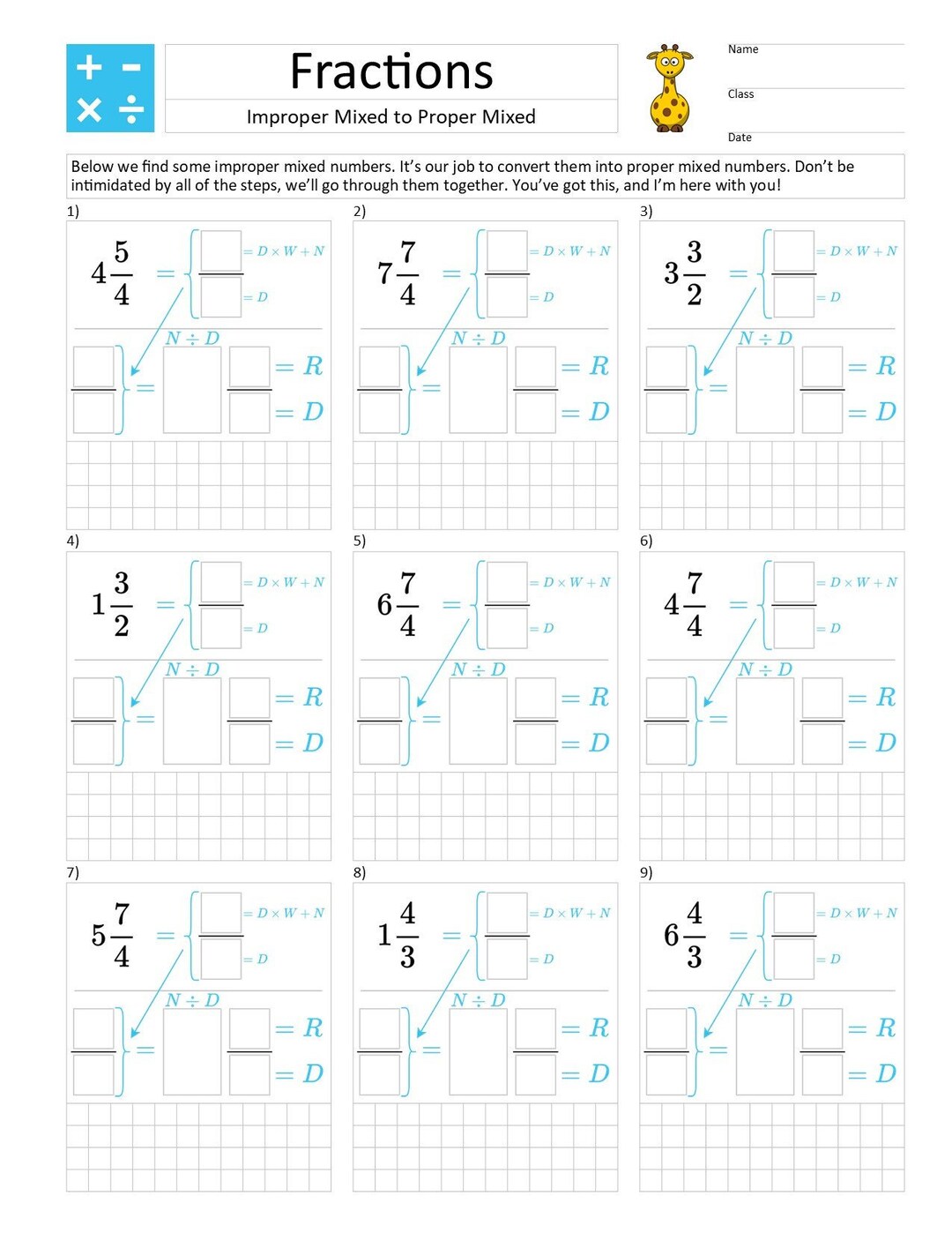 Fraction Worksheets With Video Walkthrough - Convert an Improper Mixed ...