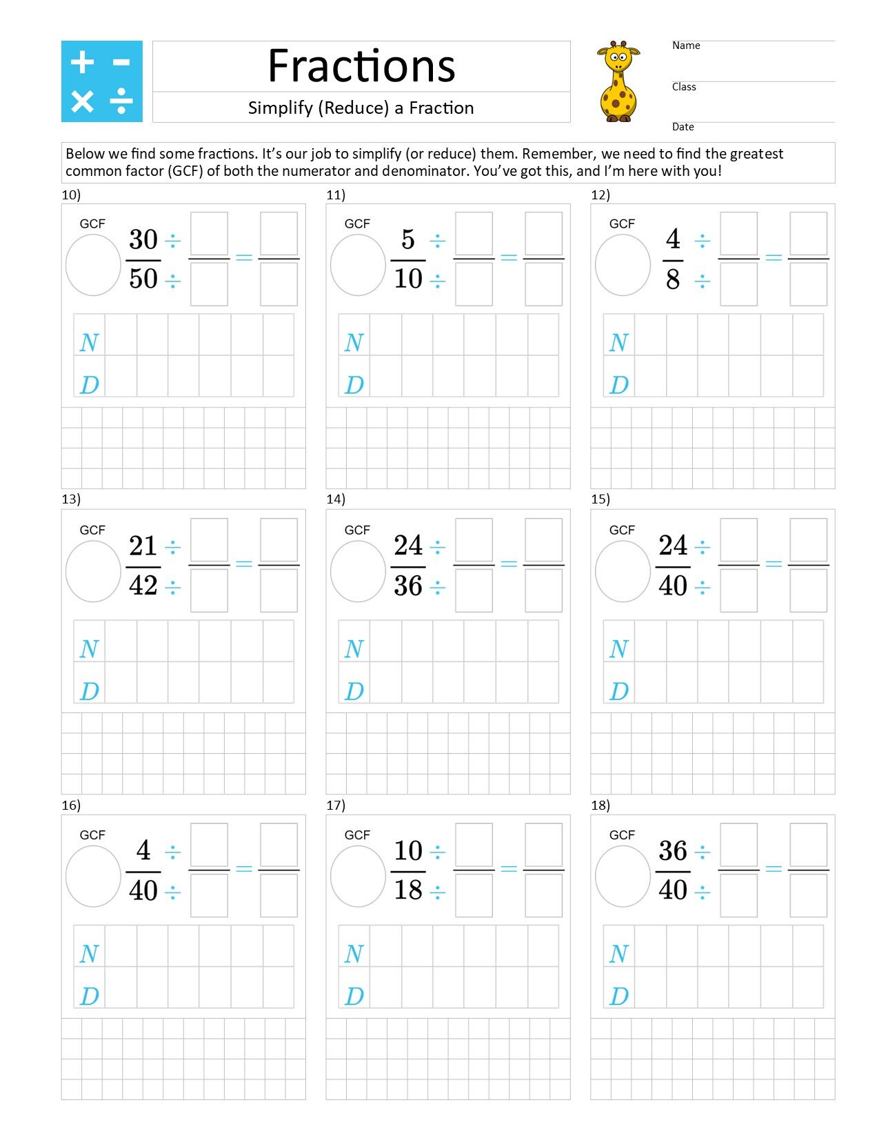 Fraction Worksheets With Video Walkthrough Simplify reduce a Fraction ...