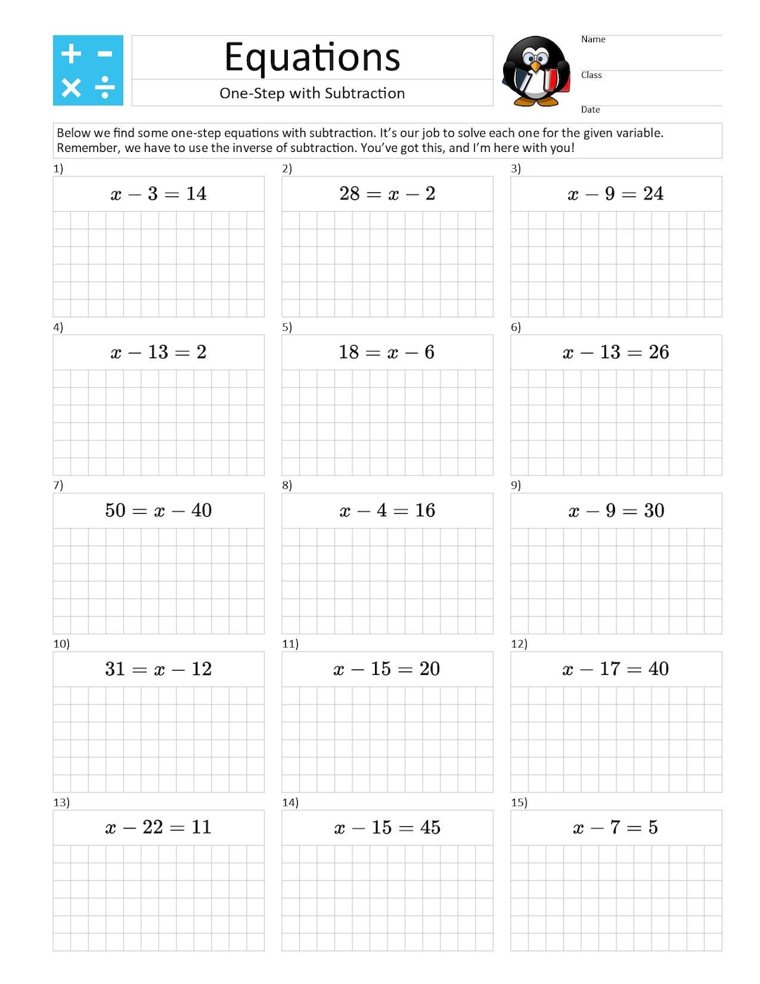 Algebra Worksheets With Video Walkthrough – One-step Equations With ...