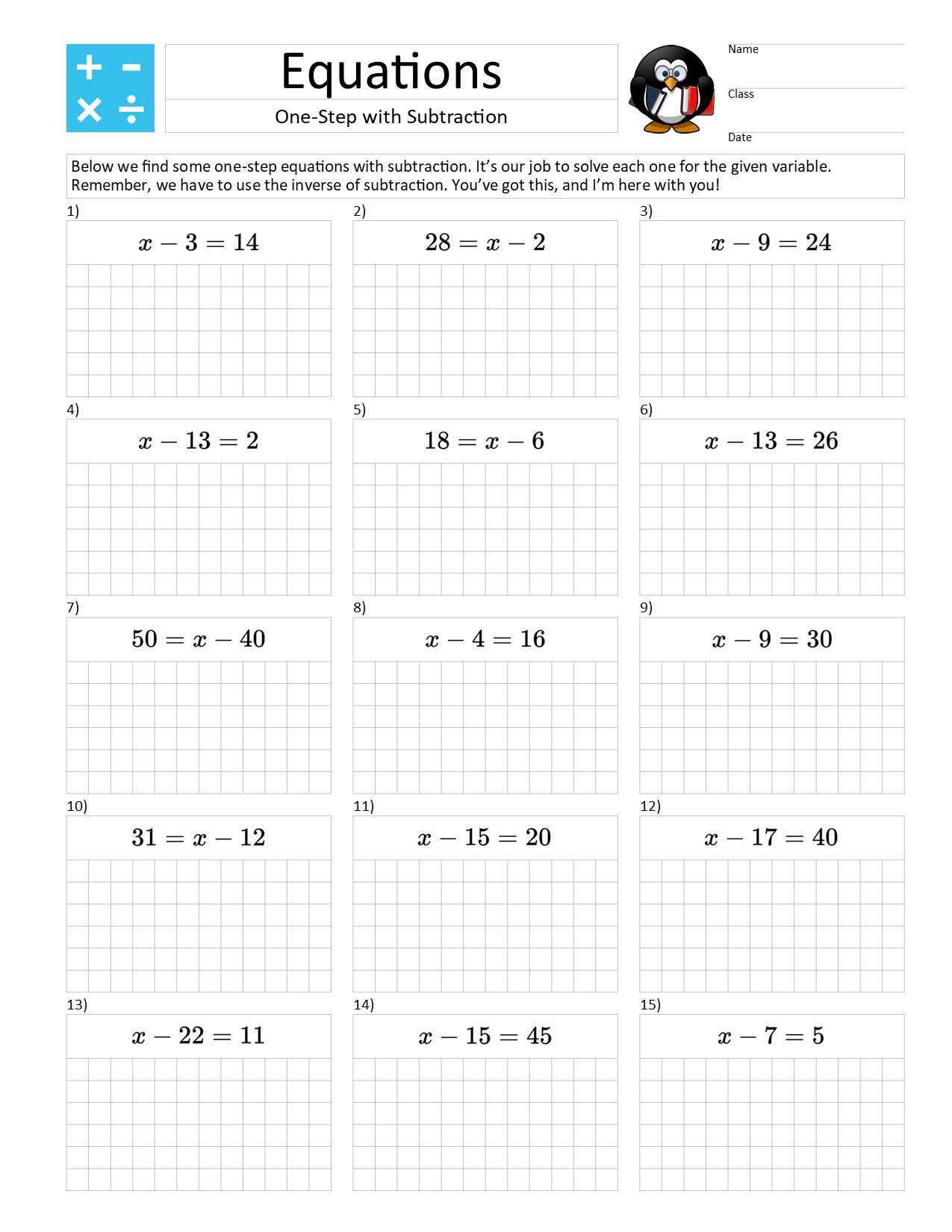Algebra Worksheets With Video Walkthrough – One-step Equations With ...