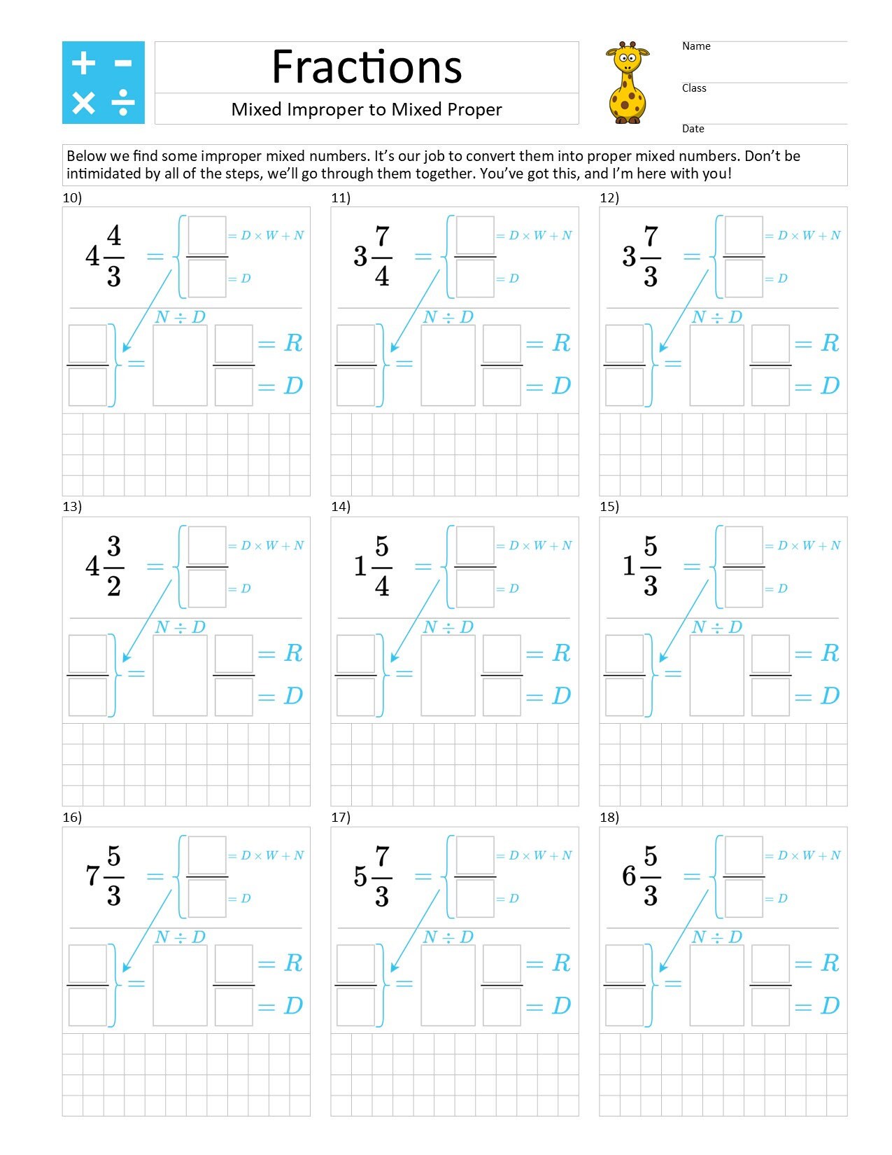 Fraction Worksheets With Video Walkthrough - Convert an Improper Mixed ...