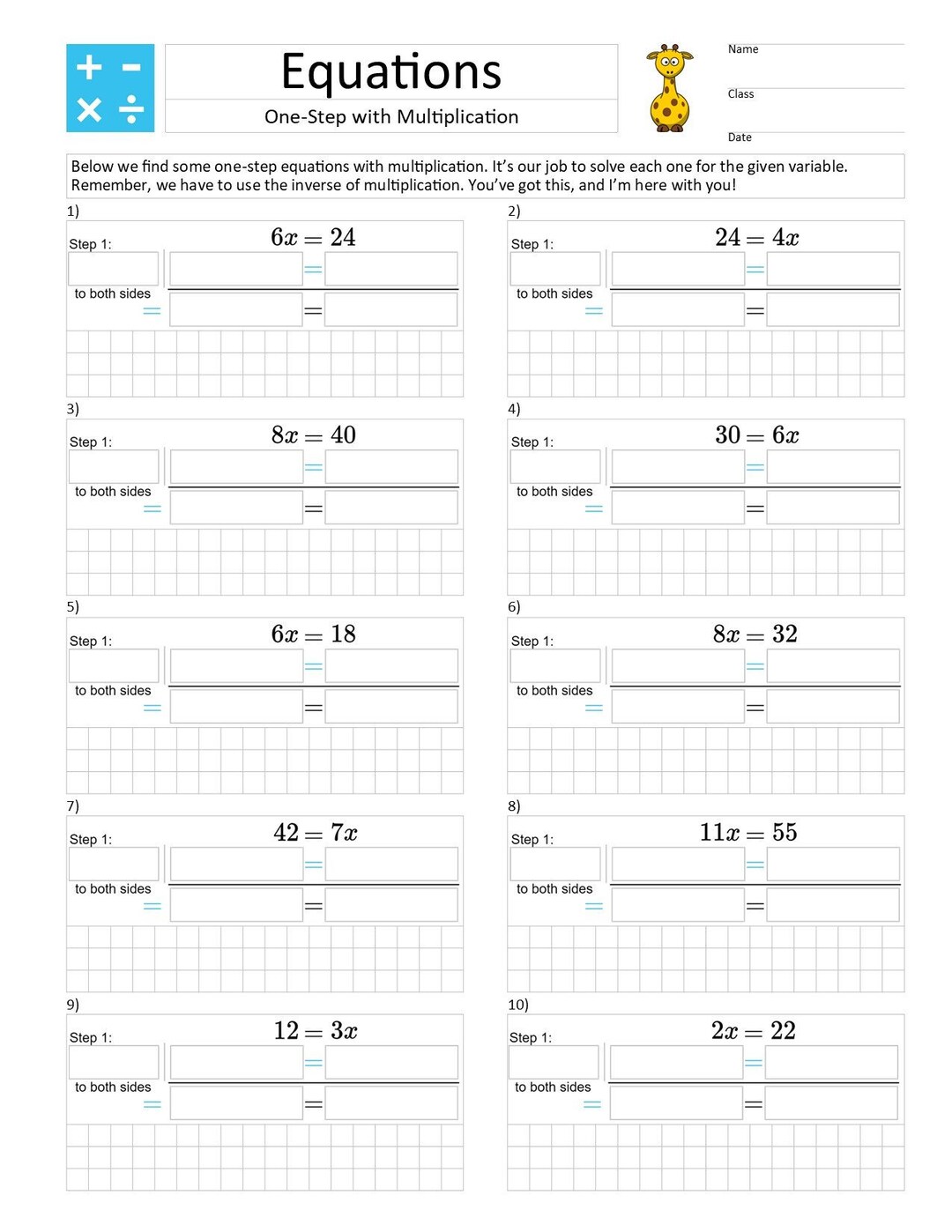 Algebra Worksheets With Video Walkthrough – One-step Equations With ...