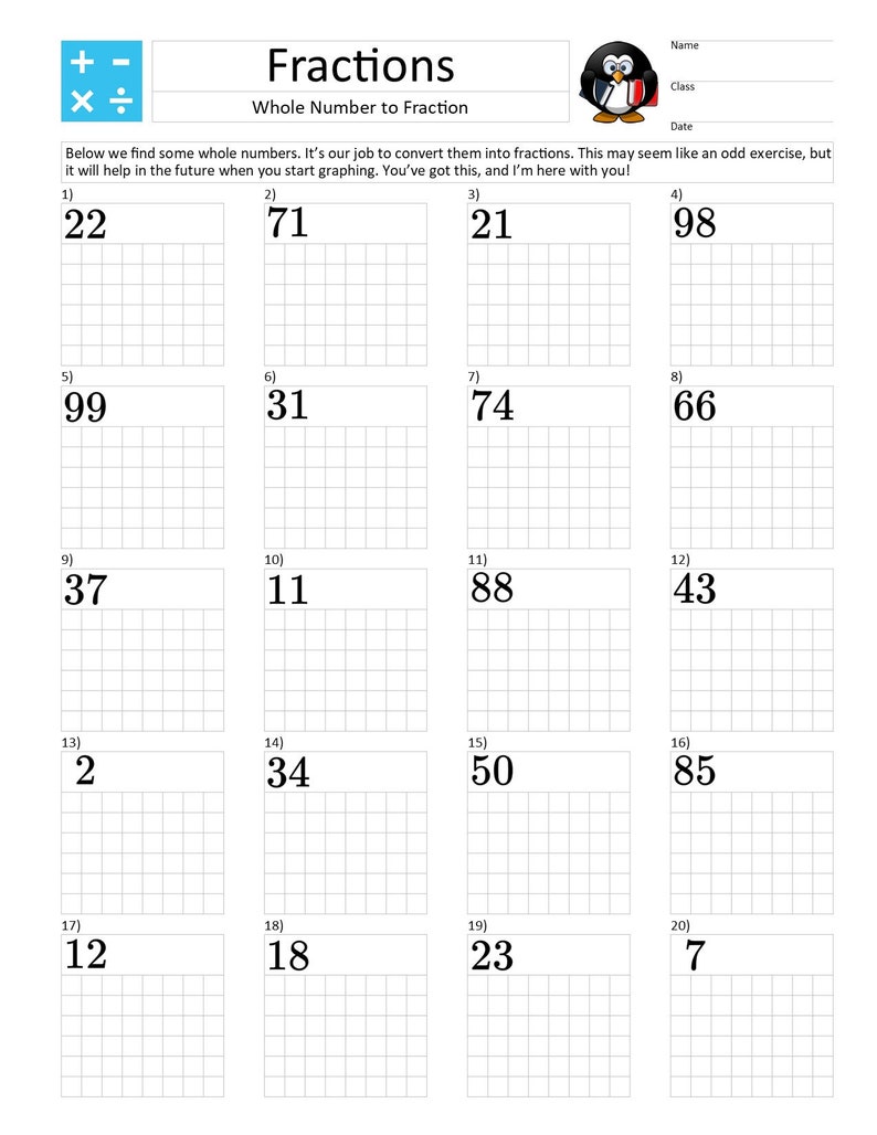 Fraction Worksheets With Video Walkthrough - Convert a Whole Number to ...