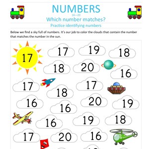 Numbers Worksheet for Pre-kindergarten - Identifying Numbers 16 - 20 ...