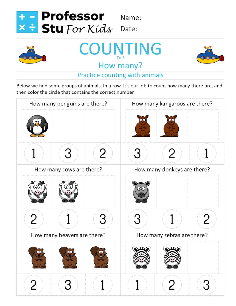 Counting Worksheet for Kindergarten - Counting to 3 - (set 4 ...