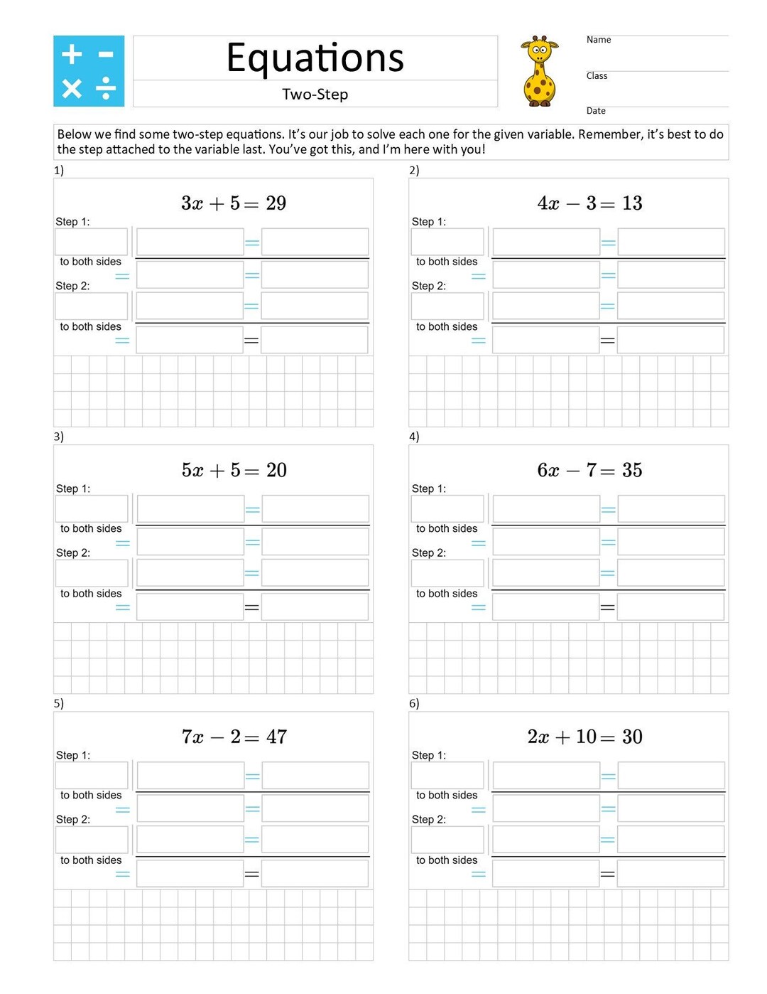 Algebra Worksheets With Video Walkthrough Two-step Equations Gentle A4 ...