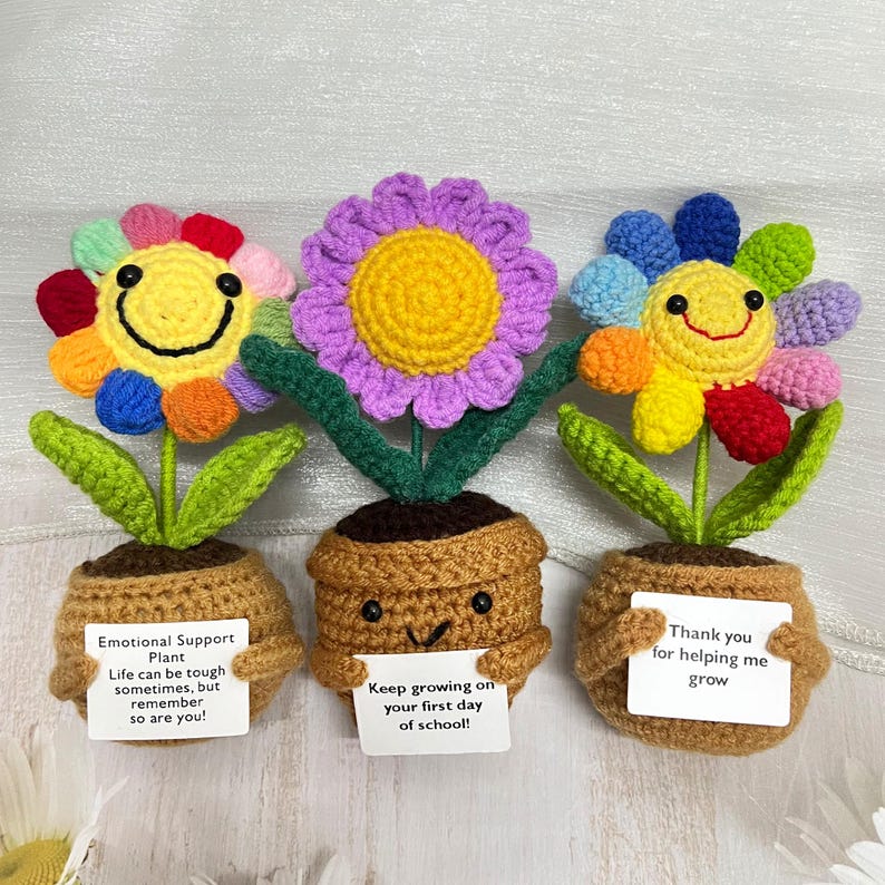 Emotional Support Crochet Plants, Crochet Rainbow Sunflowers, Crochet ...