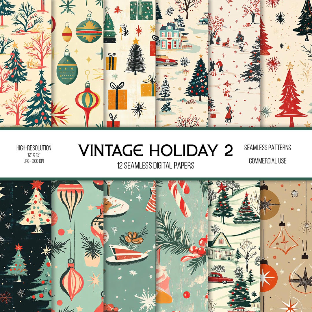Vintage Holiday 2 Digital Paper: Retro Christmas Seamless Patterns ...