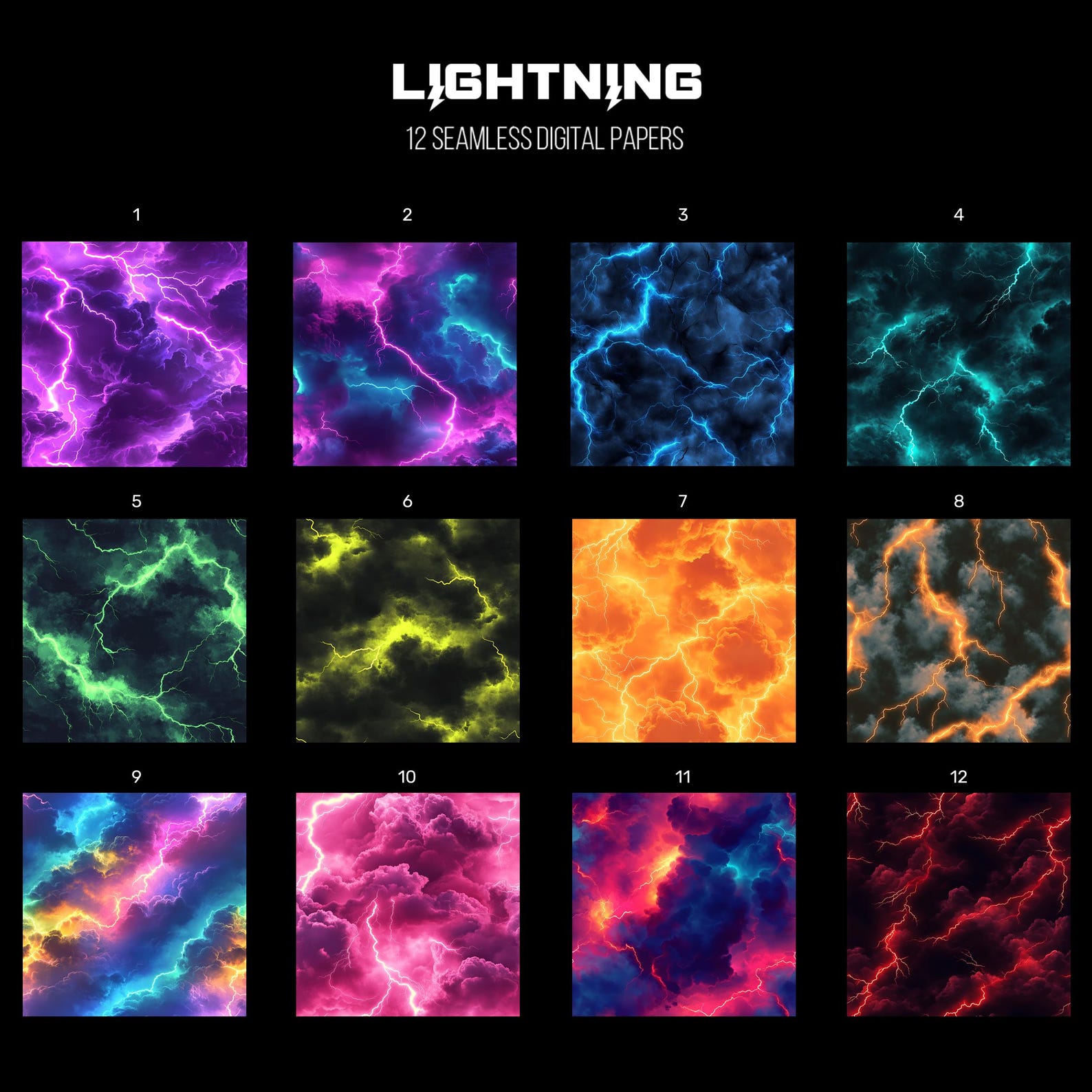 Lightning Digital Paper: Seamless Bright Colors, Night Sky (digital ...