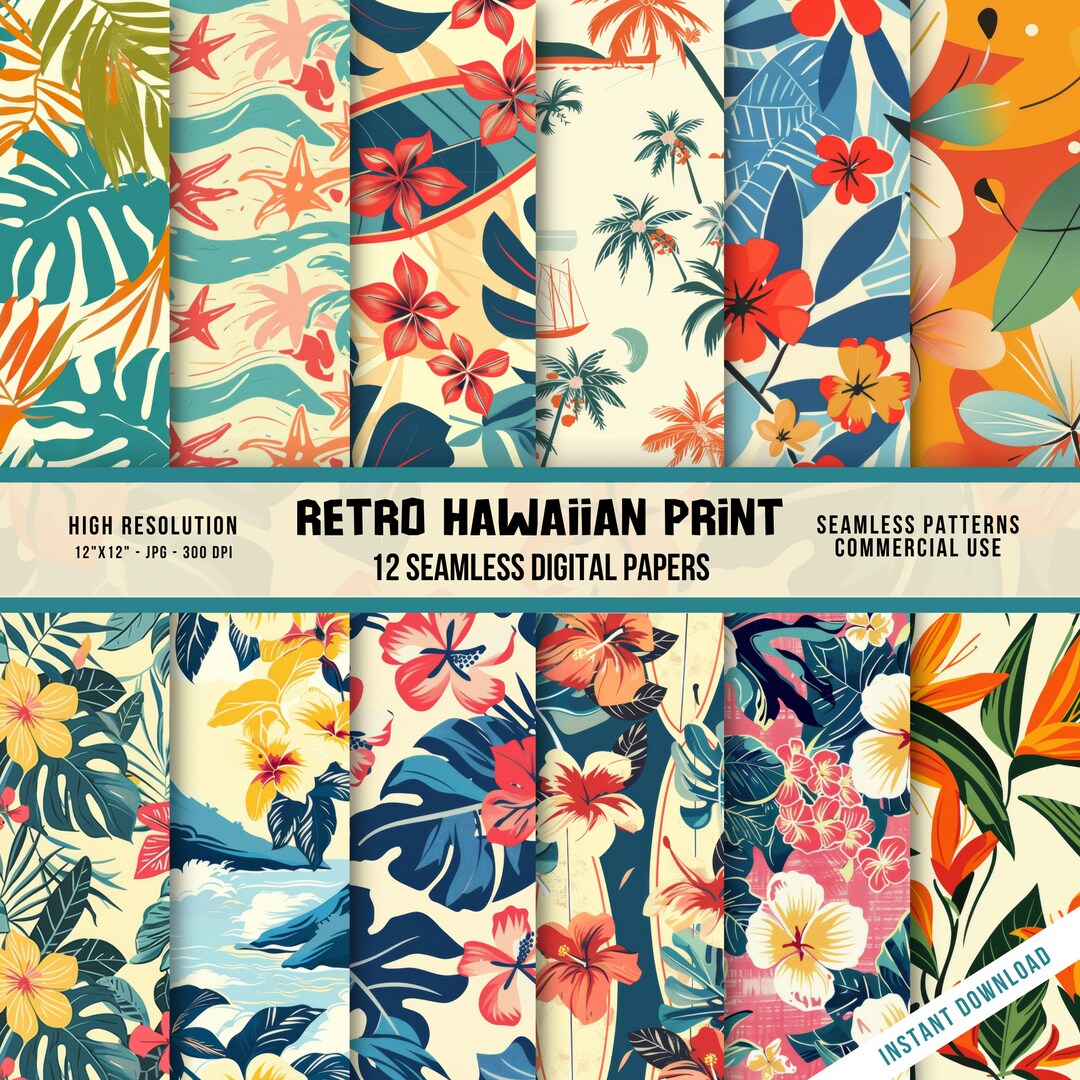 Retro Hawaiian Print Digital Paper: Seamless Tropical Hibiscus, Palm ...