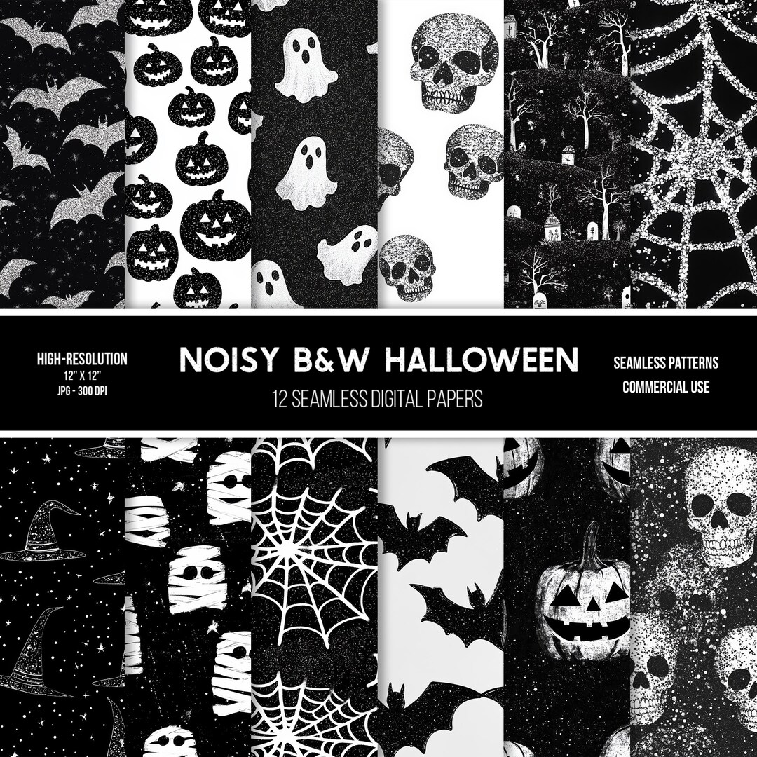 Noisy Black & White Halloween Digital Paper: Seamless Jack-o-lanterns ...