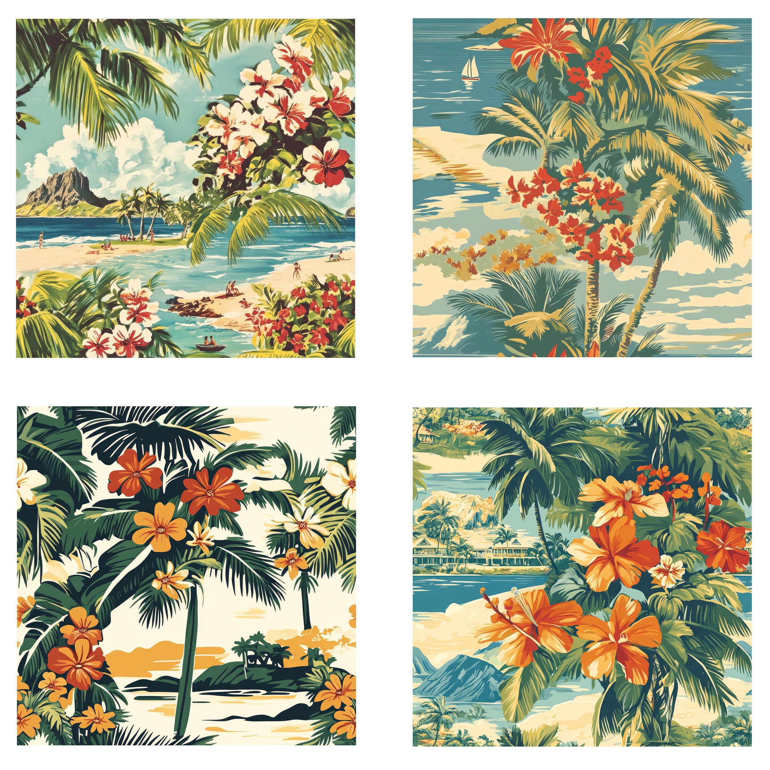 Vintage Hawaiian Print Digital Paper: Seamless Tropical Island Patterns ...