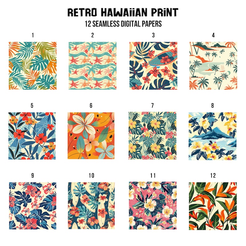Retro Hawaiian Print Digital Paper: Seamless Tropical Hibiscus, Palm ...