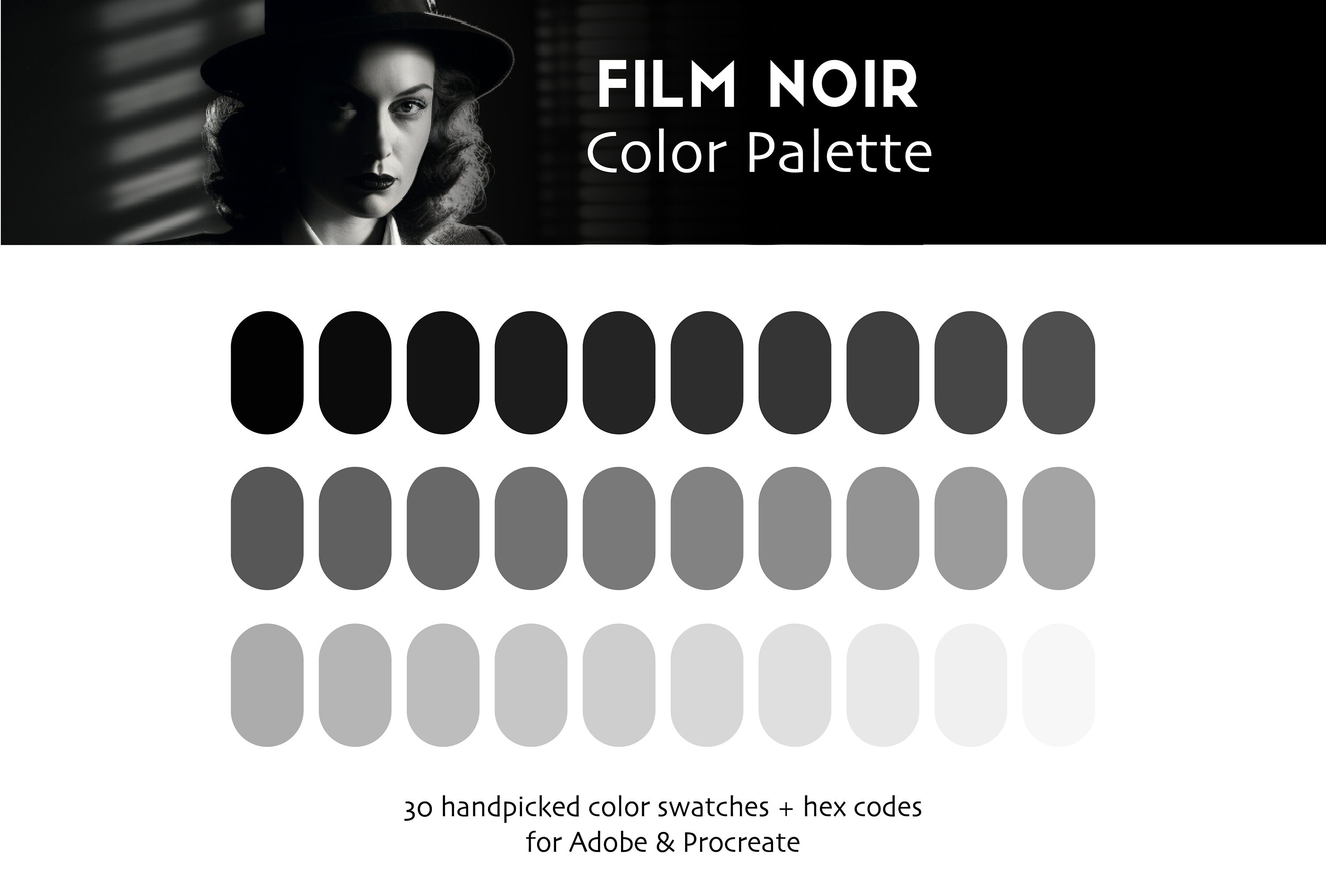 Film Noir Black and White Procreate & Adobe Digital Color Palette ...