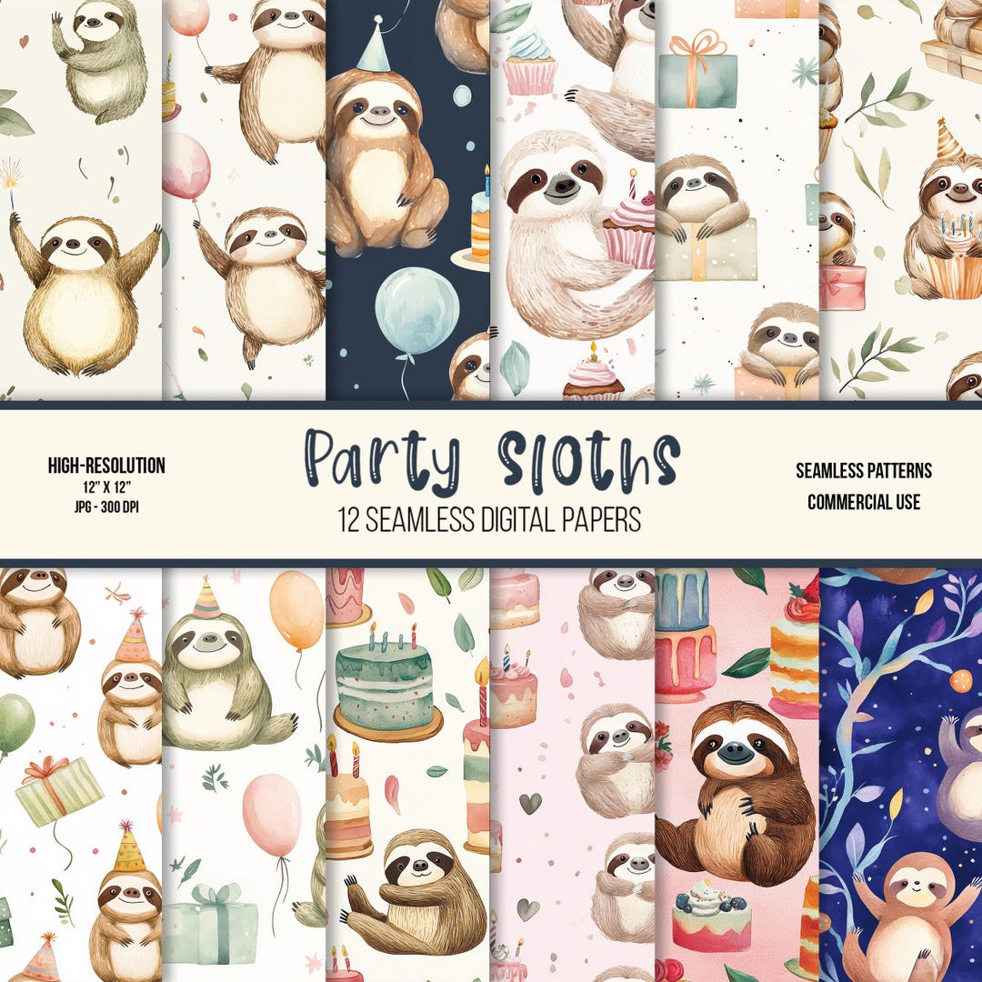 Party Sloths Seamless Digital Paper: Birthday Celebration (digital ...