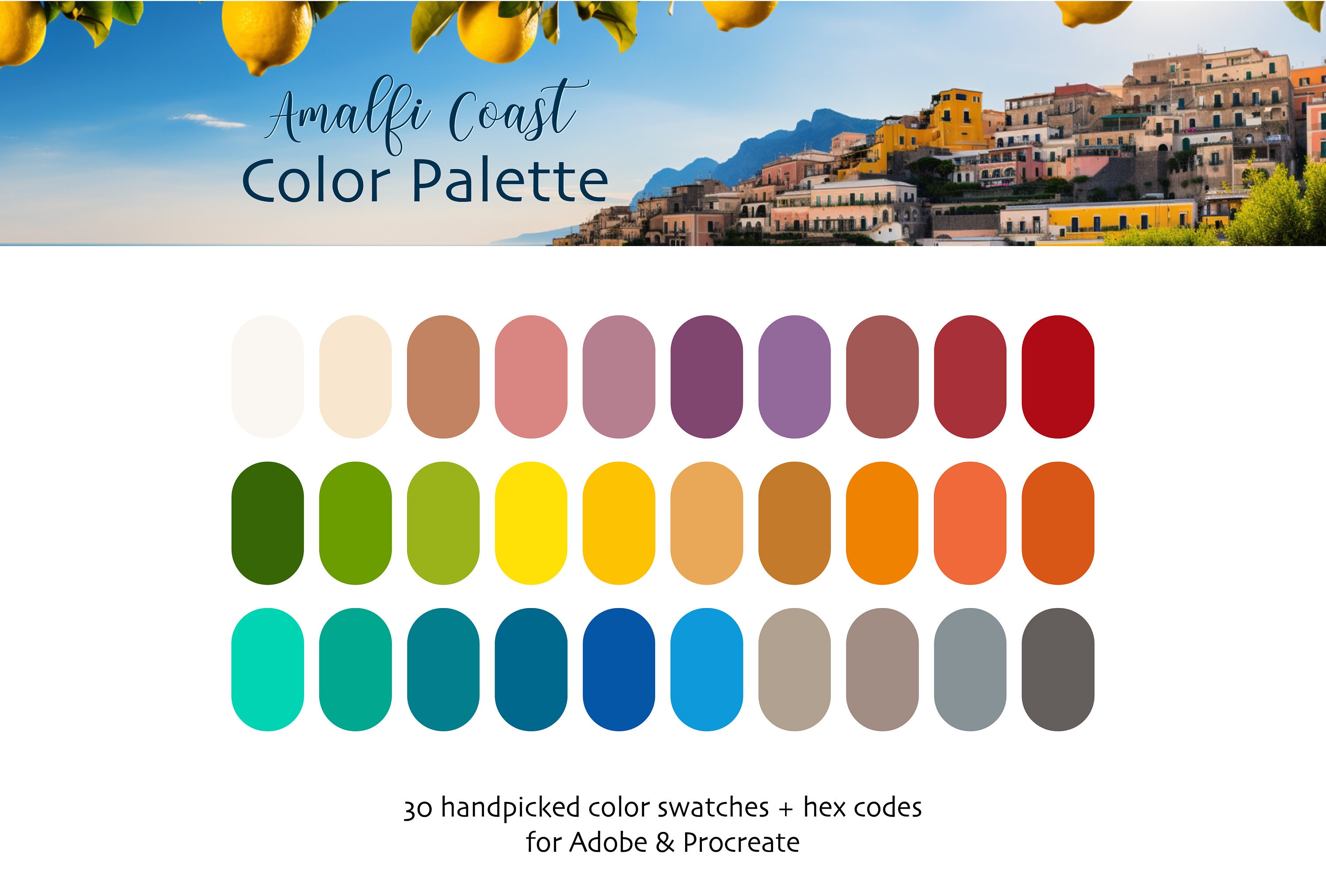 Amalfi Coast Inspired Procreate & Adobe Digital Color Palette | Instant ...