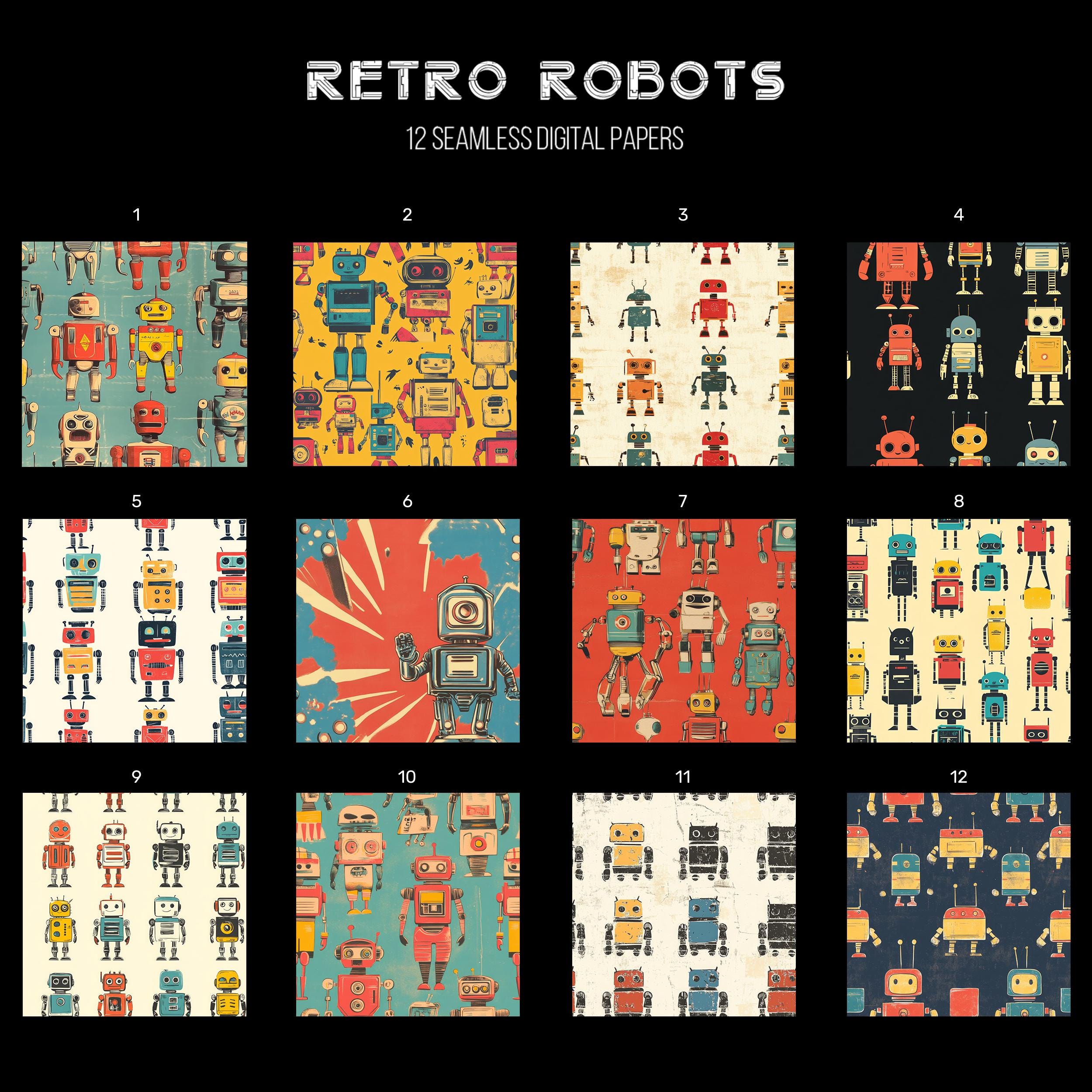 Retro Robots Seamless Digital Paper: Vintage Style Patterns (digital ...