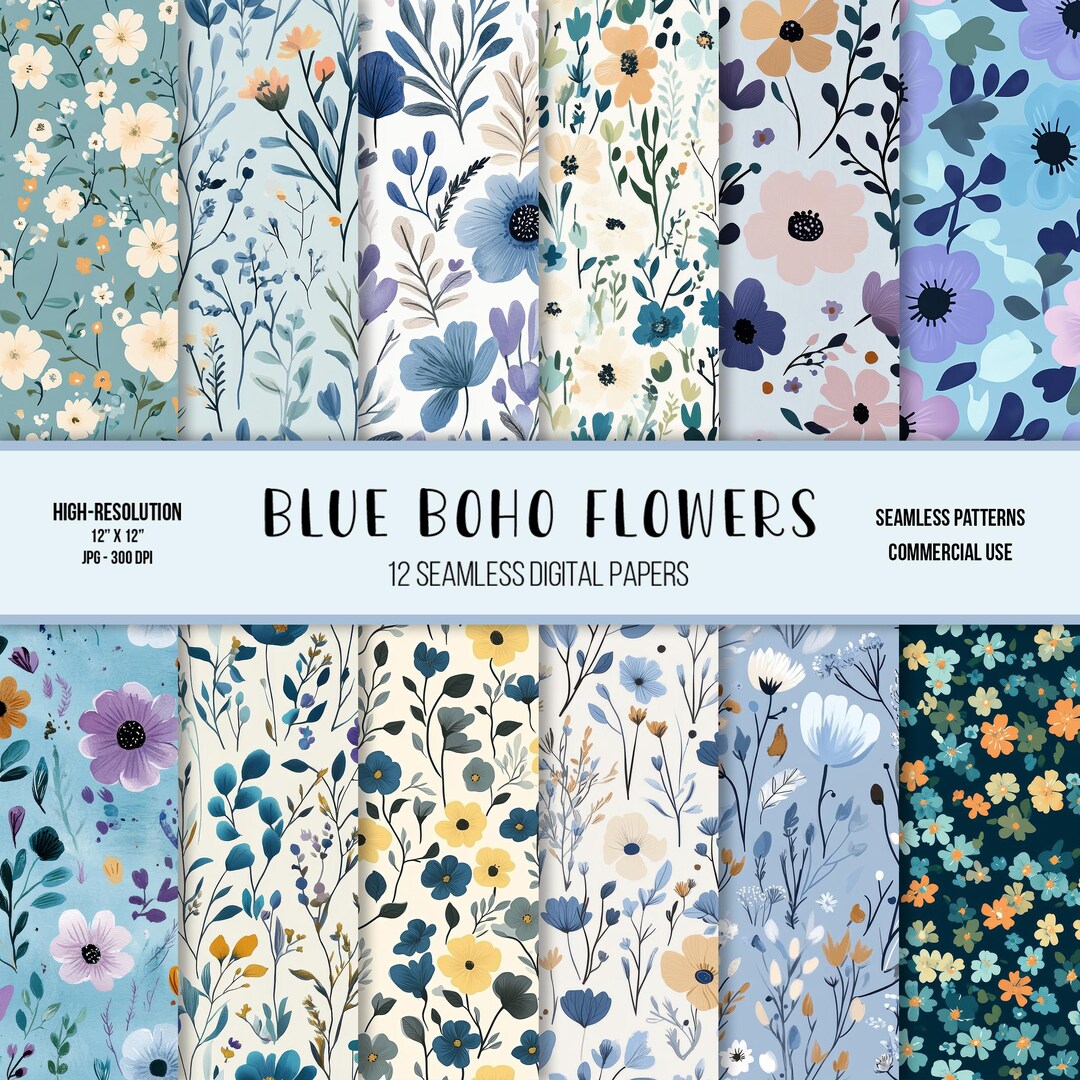 Blue Boho Flowers Seamless Digital Paper | Commercial Use | High ...