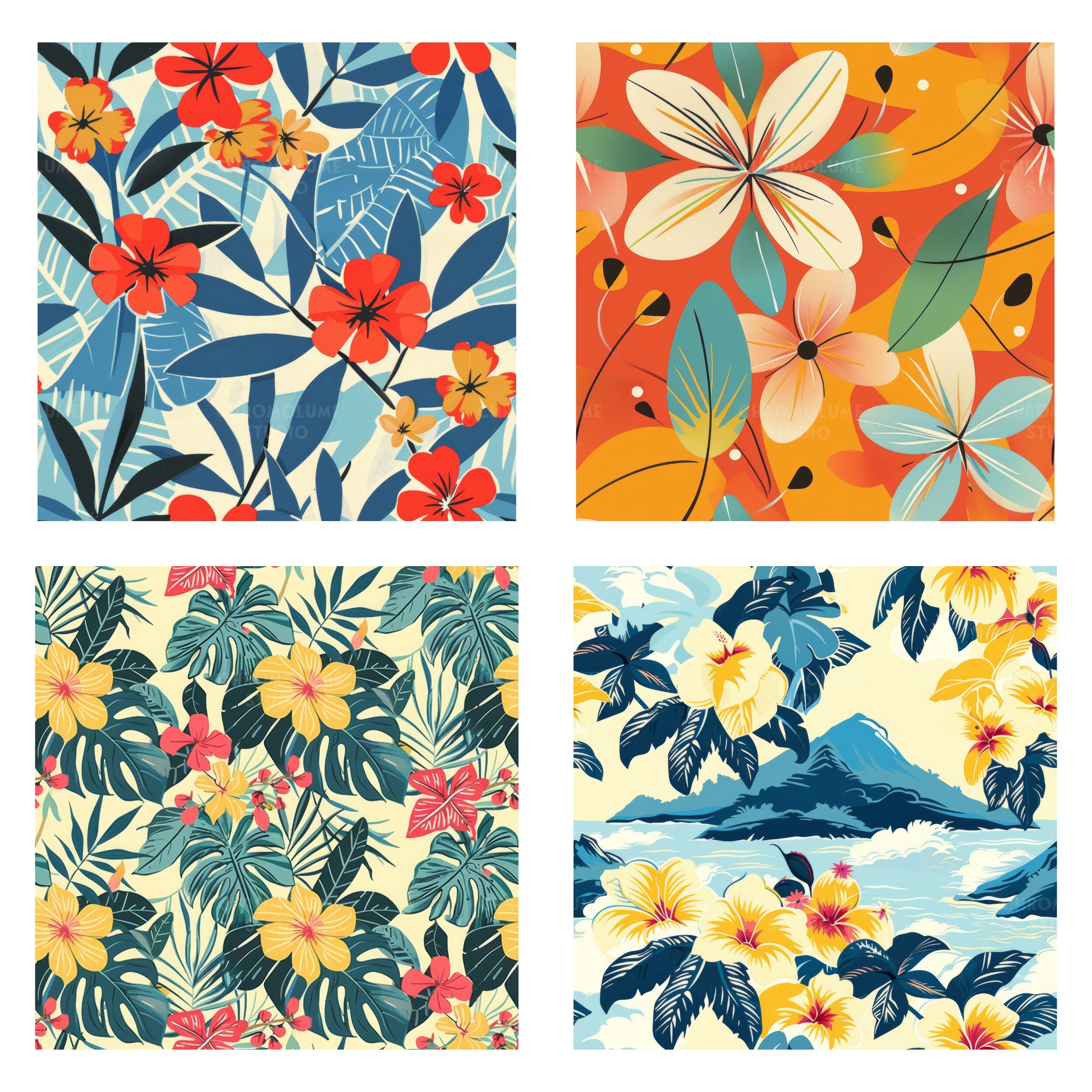 Retro Hawaiian Print Digital Paper: Seamless Tropical Hibiscus, Palm ...