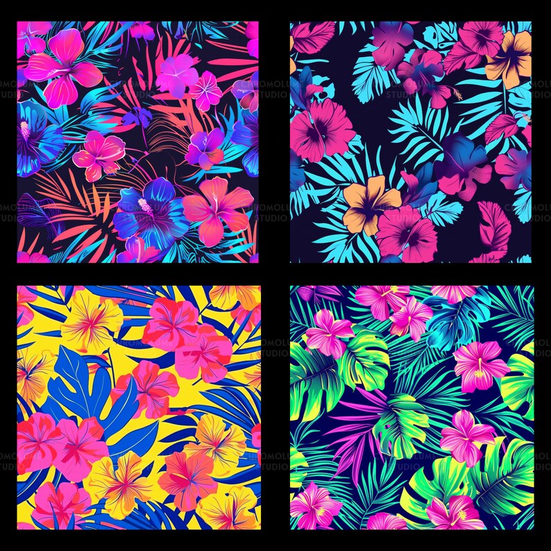 Neon Hawaiian Print Digital Paper: Seamless Tropical Patterns (digital ...