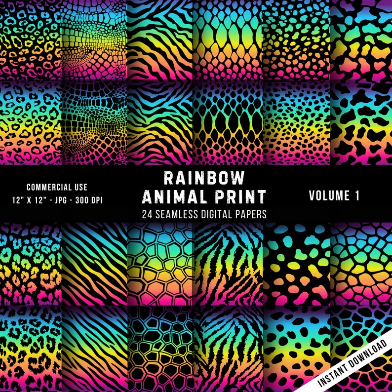 Rainbow Animal Print Digital Paper: Colorful Seamless Patterns (digital ...