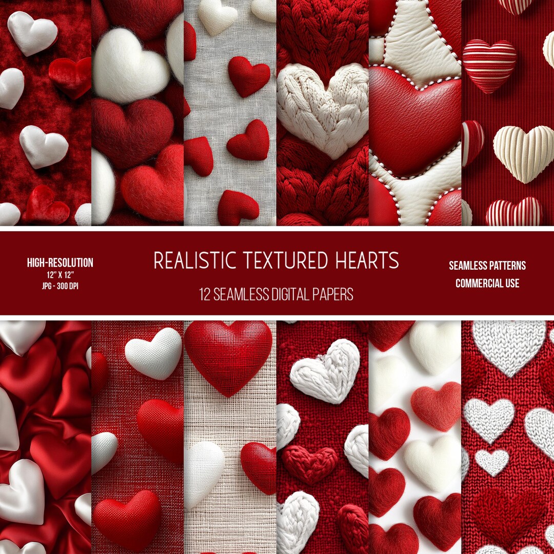 Textured Hearts Digital Paper: Valentine's Day Seamless Patterns ...