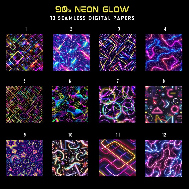 90s Neon Glow Seamless Digital Paper Commercial Use High-resolution 300 ...