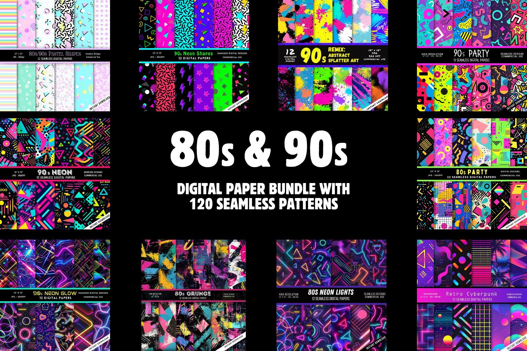 Retro 80s 90s Digital Paper Bundle: Seamless Neon, Grunge, Pastel ...