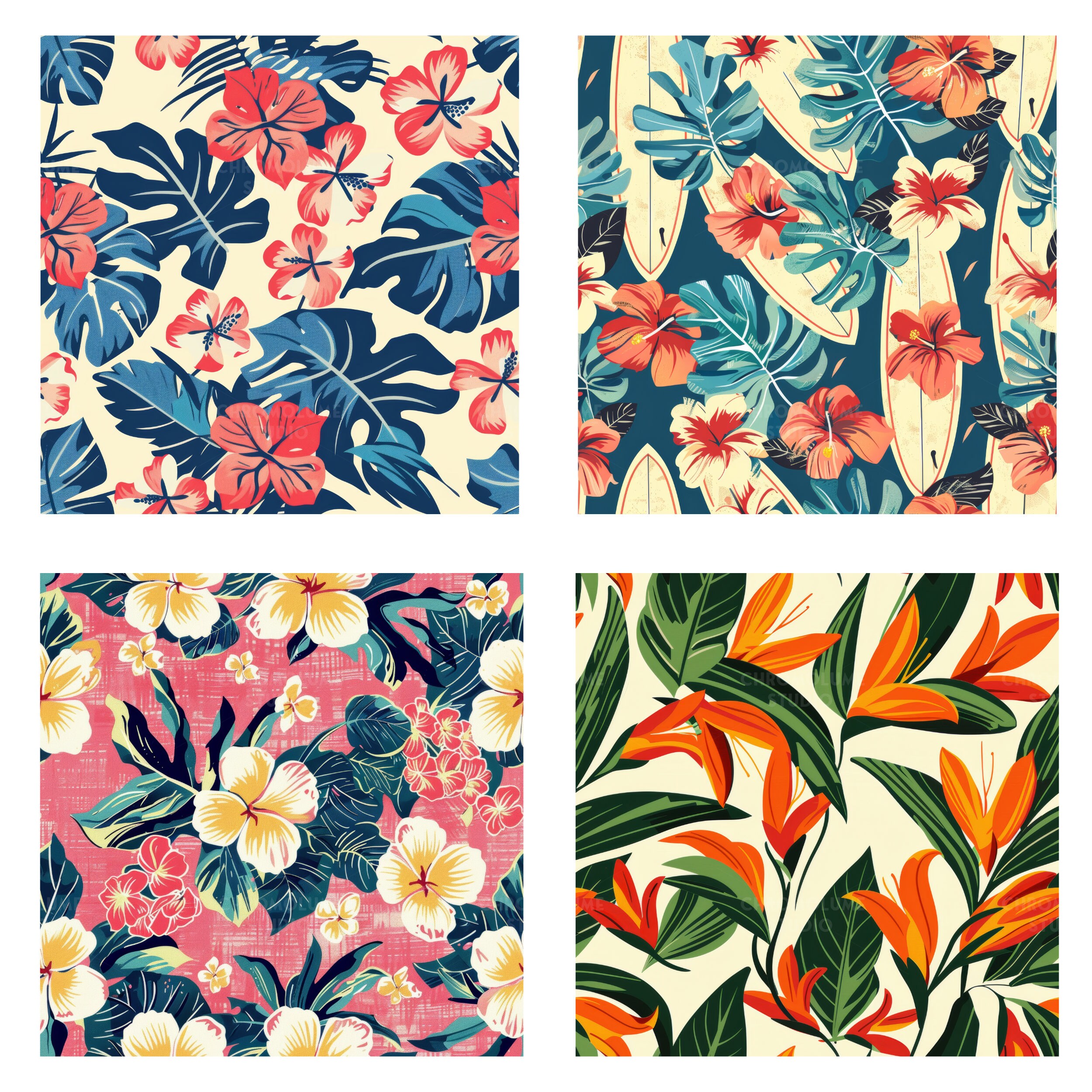 Retro Hawaiian Print Digital Paper: Seamless Tropical Hibiscus, Palm ...