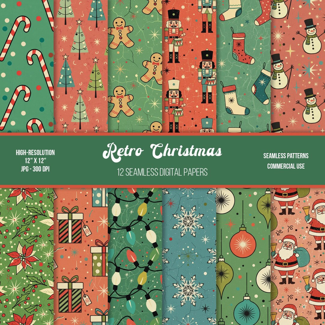 Retro Christmas Seamless Digital Paper: Vintage Holiday Patterns ...