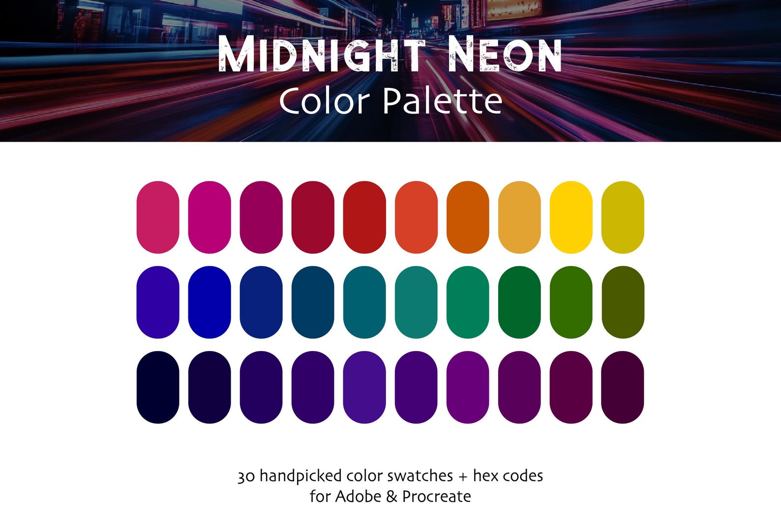 Midnight Neon Digital Color Palette: 30 Hues for Procreate & Adobe ...